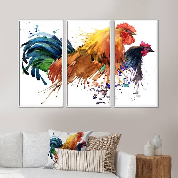 Designart "Chicken and Rooster " Animal Framed Art Set of 3 - 4 Colors ...