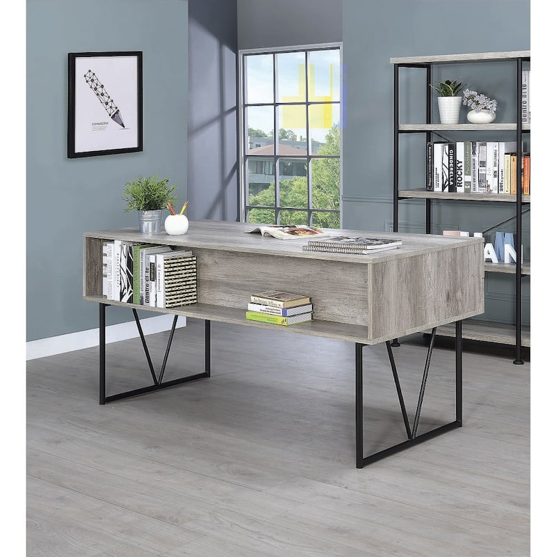 4-Drawer Writing Desk in Grey Driftwood - Grey Driftwood and Black ...