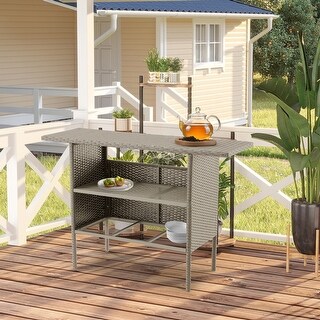 Outdoor Wicker Bar Table with 2-Tier Metal Shelf, Patio Rattan Console ...