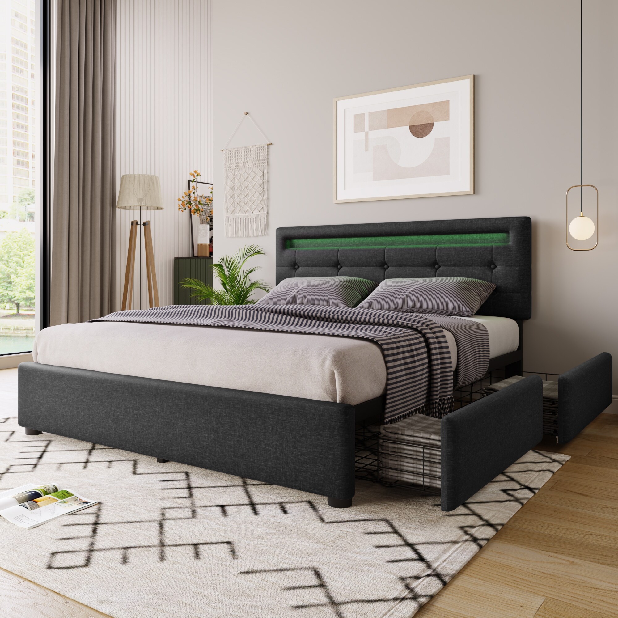 Upholstered Platform Bed Frame with 4 Storage Drawers and LED Lights Bed Bath Beyond 39080116