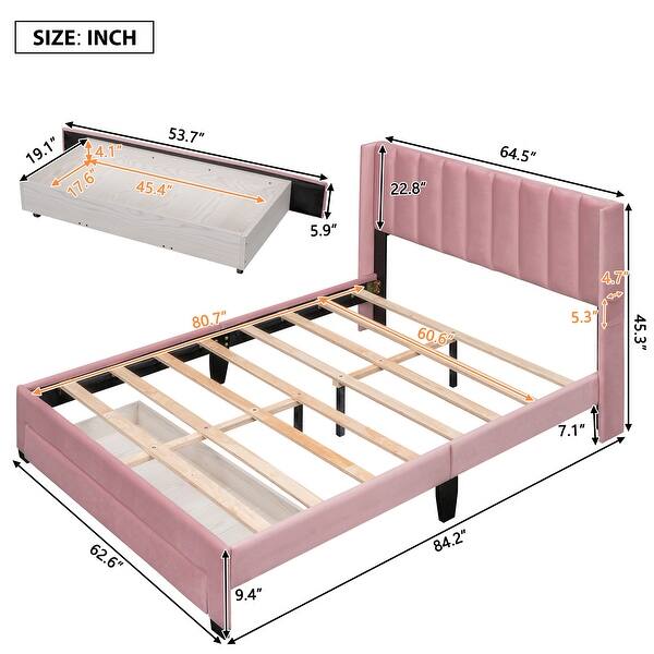 Elegant Velvet Upholstered Platform Bed With A Big Drawer Wood Storage