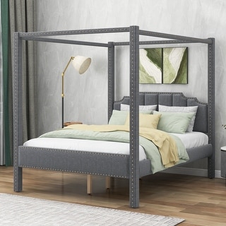 Queen Size Upholstery Canopy Platform Bed with Four Canopy Columns and ...