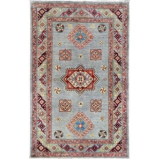 Shahbanu Rugs Gray Hand Knotted Special Kazak Geometric Design Super ...