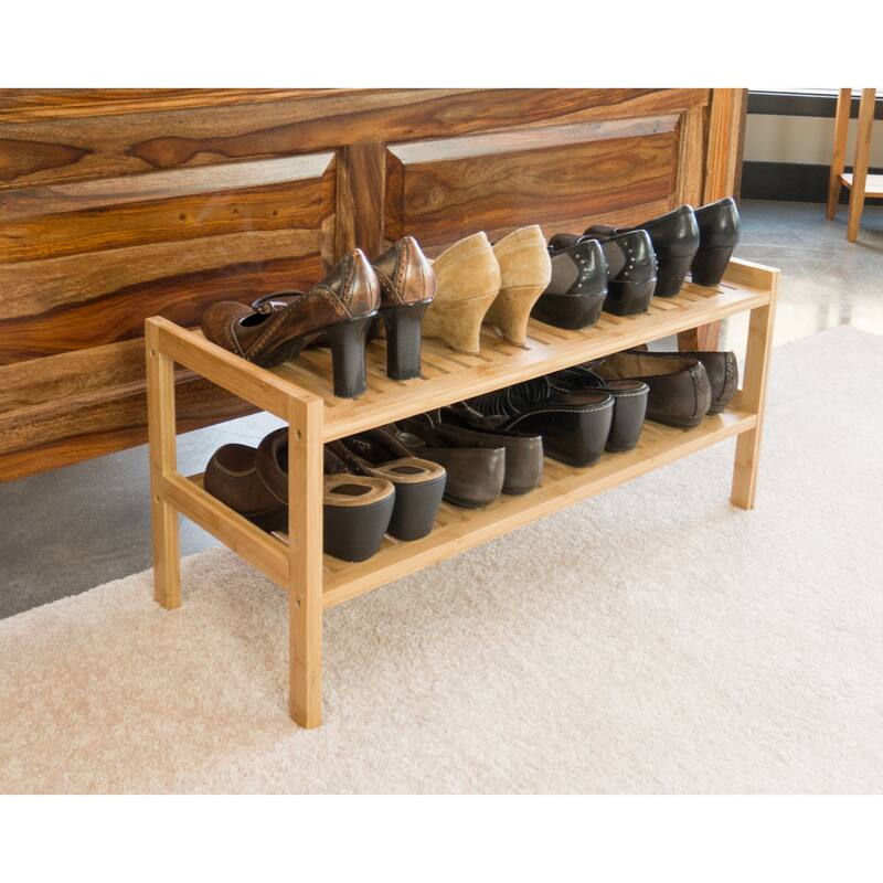 2 Tier Slatted Stackable Solid Bamboo Shoe Rack - 2-Tier - Bed Bath ...