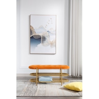Orange Velvet Upholstered End of Bed Bench w/ 2 Shelves Tufted Benches ...