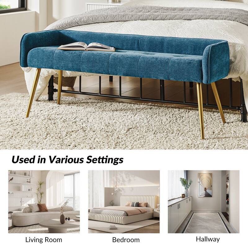 Luis Modern Upholstered Low Back Bench with Sturdy Golden Metal Tapered ...