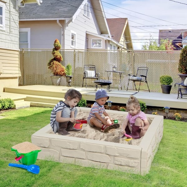 Outdoor Kids Sandbox with Cover and Bottom Liner for Backyard Play ...