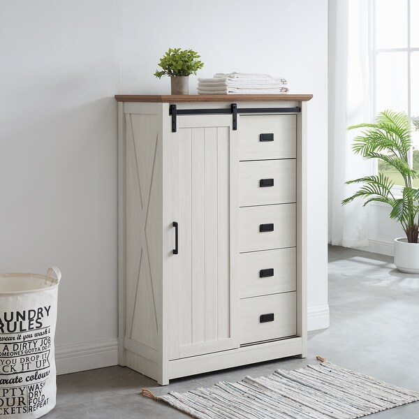 5 Drawer Dresser with Sliding Barn Door Farmhouse Modern Tall Chest of Drawers Storage Organizer for Bedroom White Beige