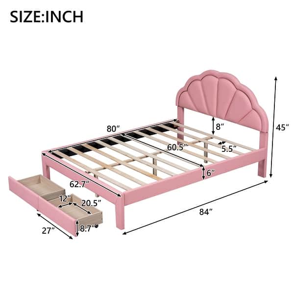 Pink Queen Upholstered Bed with Seashell Headboard LED and 2 Drawers ...