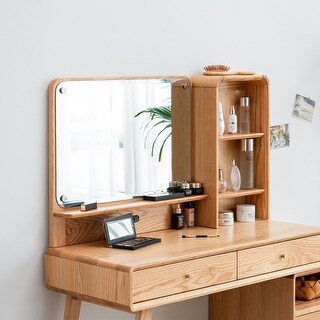 Nestfair Solid Oak Dresser Makeup Table with Mirror and Drawer and ...