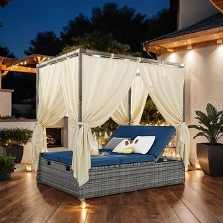Adjustable Outdoor Patio Sun Bed With Curtain, High Comfort, Blue - Bed ...