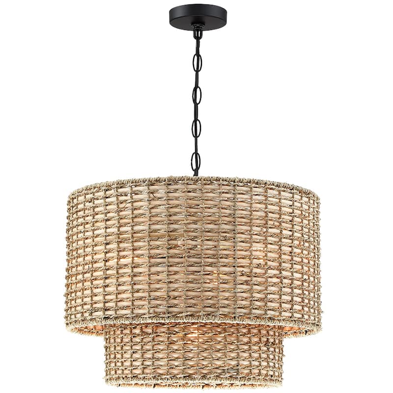 20 in. 4-Light Rattan Tiered Drum Chandelier Light with Black Canopy ...