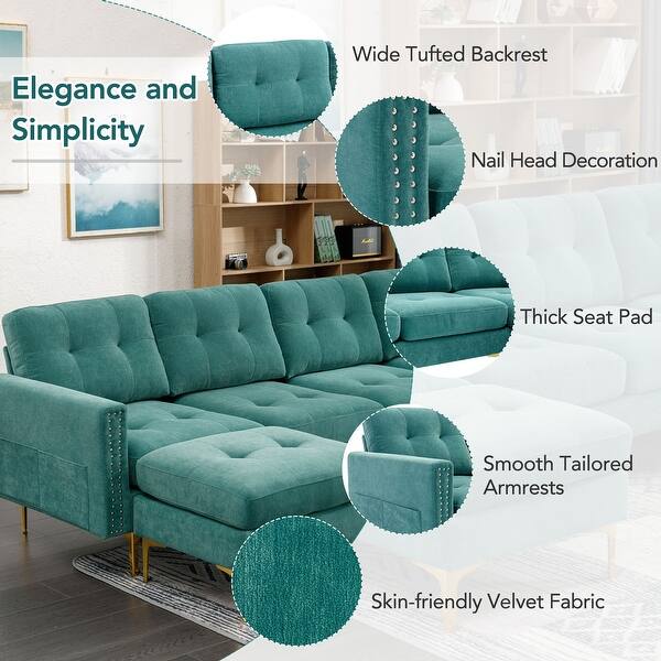 L-Shape Sectional Sofa Green Convertible Nailhead Trim Chaise Lounge ...