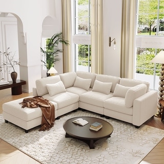 Beige Corduroy L-Shaped Sectional Sofa with Pillows - Bed Bath & Beyond ...
