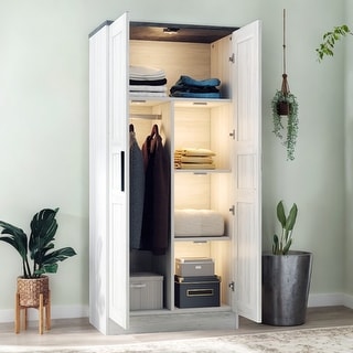 2-Door Wardrobe with LED Lights, Hanging Rail, 4-Shelves, Grey - Bed ...