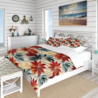 Designart "Red And Blue Zen Floral Mosaic " Blue Floral Bedding Set ...