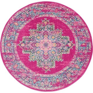 4' Round Fuchsia and Blue Distressed Area Rug - 3'6" - Bed Bath ...