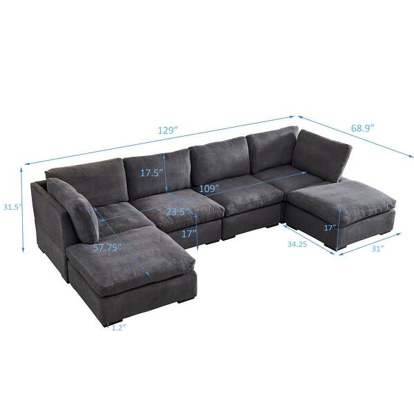 U-Shape Sectional Sofa Linen Fabric Sofa Set with Ottoman Modern 6 ...