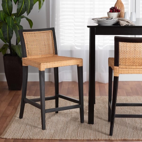 Lingga Modern Bohemian Dark Brown Mahogany Wood and Natural Rattan ...