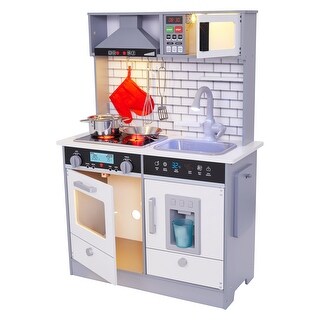 Kids Kitchen Set, Pretend Wooden Play Kitchen, Includes Range Hood ...