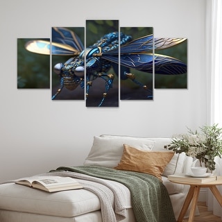 Designart "Cybernetic Dragonfly In Blue And Gold II" Animals Dragonfly ...