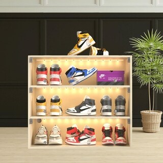Wooden 3-Tier LED Light Shoe Box with Glass Doors, Remote Control and ...