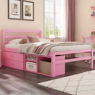 Pink Full Size Wood Platform Bed with Removable Storage Shelves and ...