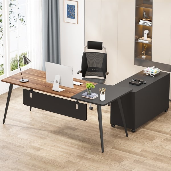 70 Inch L-Shaped Computer Desk with File Cabinet and Storage Shelves ...