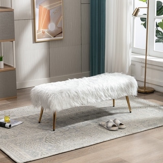 Faux Fur Plush Upholstered Bench with Golden Metal Legs and Thick ...