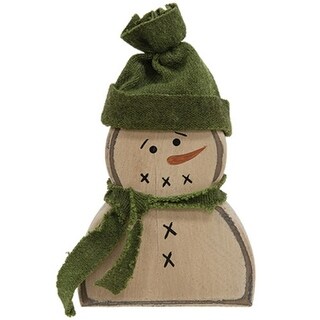 Wooden Primitive Snowman Sitter w/Green Hat & Scarf - 3.5" high by 3 ...