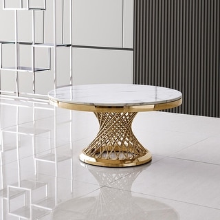 Luxurious Marble Round Coffee Table with Gold Mirrored Finish Stainless ...