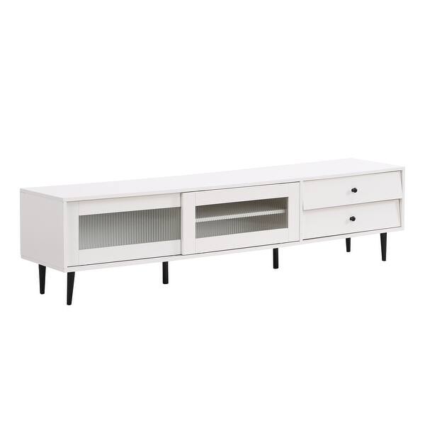 Particle Board TV Stand With Sliding Fluted Glass Doors Large Storage ...