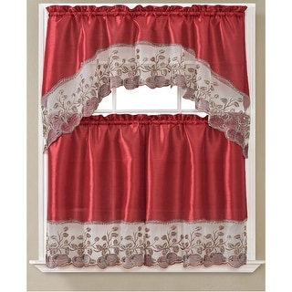 Freya 3-Piece Apple Embroidery Kitchen Curtain Set with Swag Valance ...