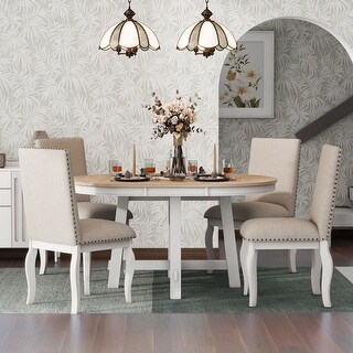 5-Piece Farmhouse Dining Table Set Wood Round Extendable Dining Table and 4 Upholstered Dining ...