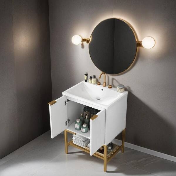 Gold Metal Frame Bathroom Vanity Cabinet with Sink and 2 Doors - Bed ...
