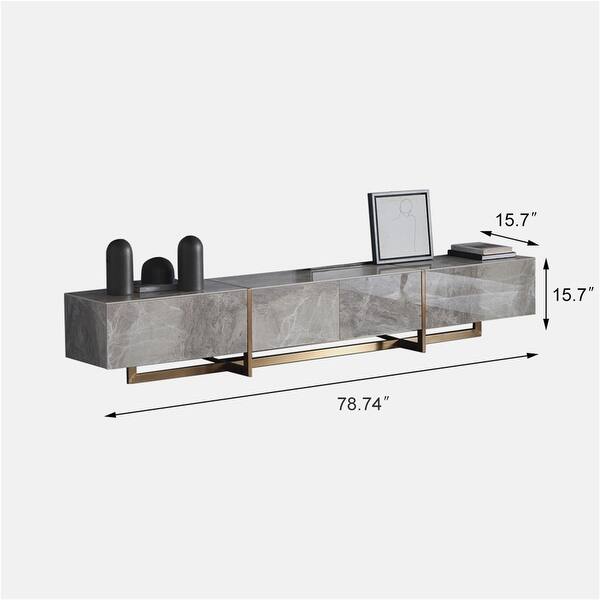 Glossy Stone TV Console with 4 Pinewood Drawers Stainless Steel Frame ...