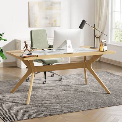 63-Inch Executive Desk, Modern Office Desk with Solid Wood X-Shaped ...