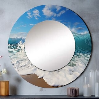 Designart "Turquoise Power Of Ocean Wave" coastal Round Office Mirror ...