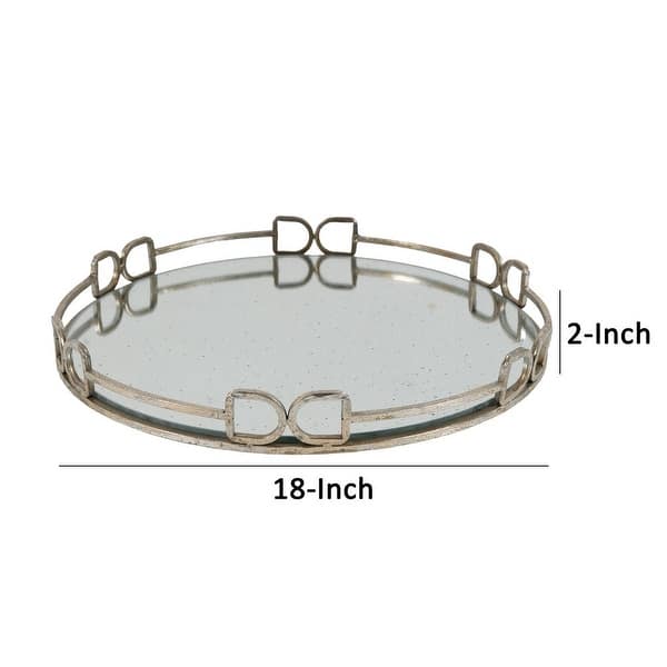 Sui 16 Inch Round Serving Tray, Mirrored Silver Geometric Frame, Medium ...