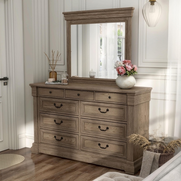 Furniture of America Wacine 2 Piece Weathered Grey Solid Wood Dresser and Mirror Set