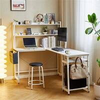 Home Office Desk L Shape Gaming Desk with Storage Shelves and Stool ...