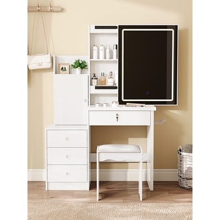 Makeup Vanity Desk with Sliding LED Mirror, 4 Drawers, 9 Storage Spaces ...