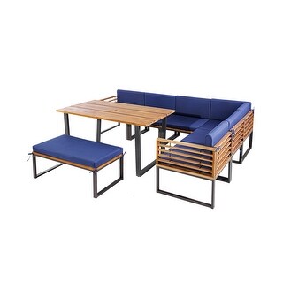 8 Pieces Patio Acacia Wood Dining Table Set with Ottoman Cushions-Navy ...