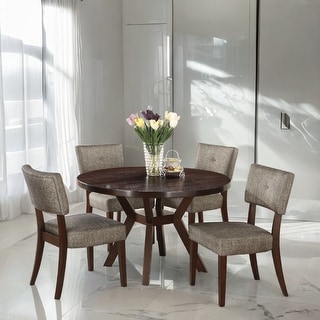 5PCs Dining Table and Chair Set,Round Dining table Drake Gray Fabric ...