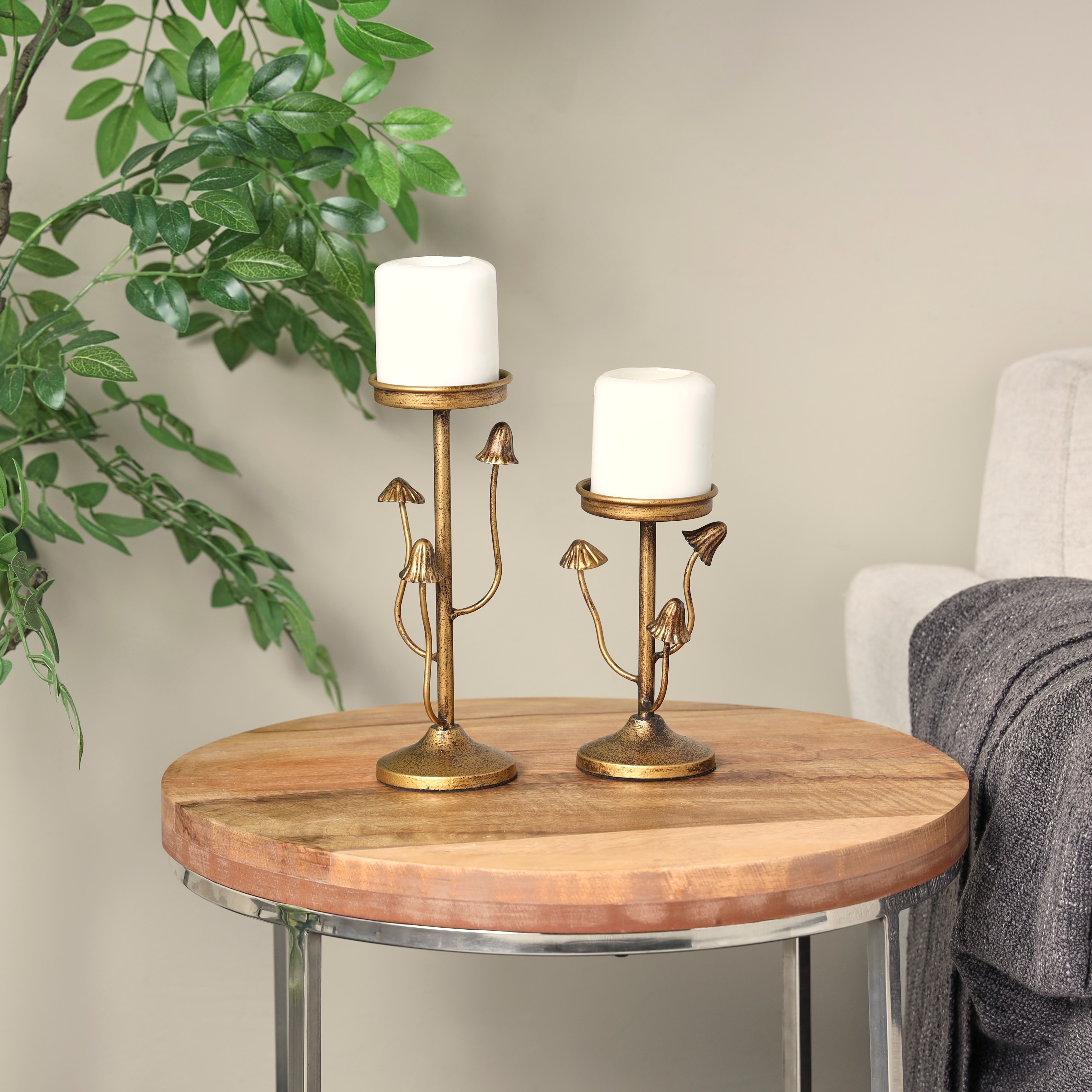 Gold Metal Mushroom Inspired Abstract Candle Holder (Set of 2) - On ...