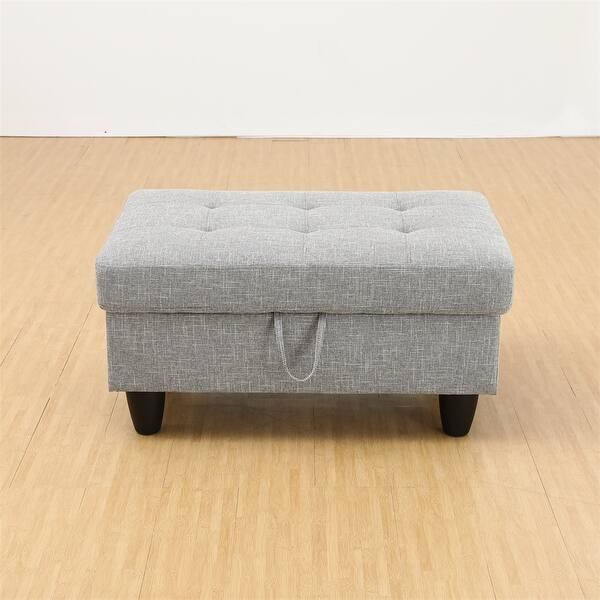 Tufted Linen Rectangular Upholstered Ottoman w/ Storage & Liquid Rod ...