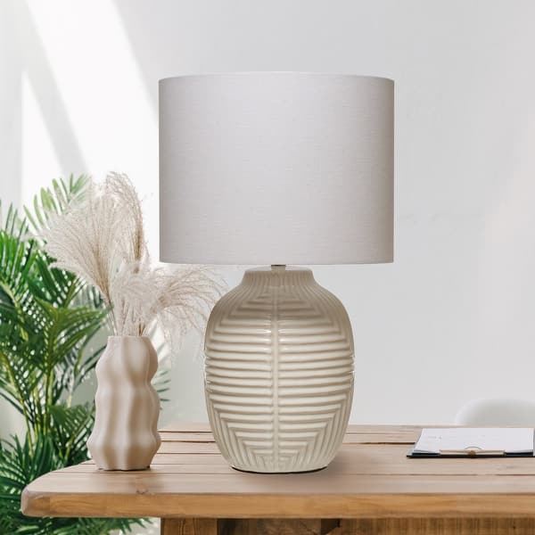 Embossed Stoneware Table Lamp with Cotton Shade, Modern Table Lighting ...