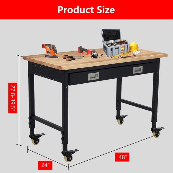 Heavy Duty Adjustable Height Workbench with Casters and Drawer - 48"x24 ...