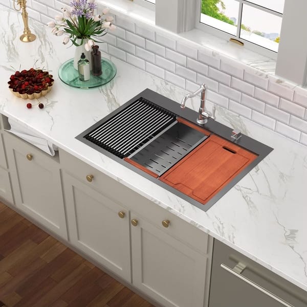 Kichae 30 inch Drop In Black Workstation Kitchen Sink Topmount ...