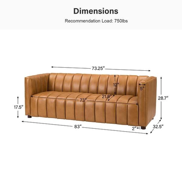 Olinto Modern Camel 83-Inch Genuine Leather Curved Couch with Channel ...